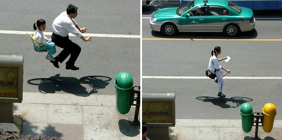 A Collection Of Images Where Bicyclists Float Along City Streets With ...