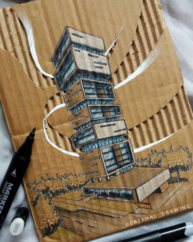These Buildings Drawn On Pieces Of Cardboard To Create A 3D Effect By A ...